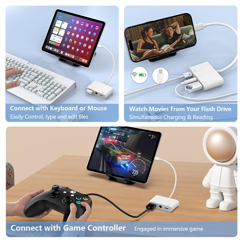 USB + 3.5mm AUX Adapter for iPhone/iPad, USB Camera Adapter and 3.5mm Headphone Audio Jack Adapter with iPhone Charger Splitter, 3 in 1 USB OTG Adapter for iPhone iPad,USB Flash Drive, Keyboard, Mouse
