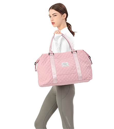 Travel Duffel Bag Weekender Bag for Women,Overnight Carry on Bag with Toiletry Bag, Gym Tote Bag with Wet Pocket,Grid Pink