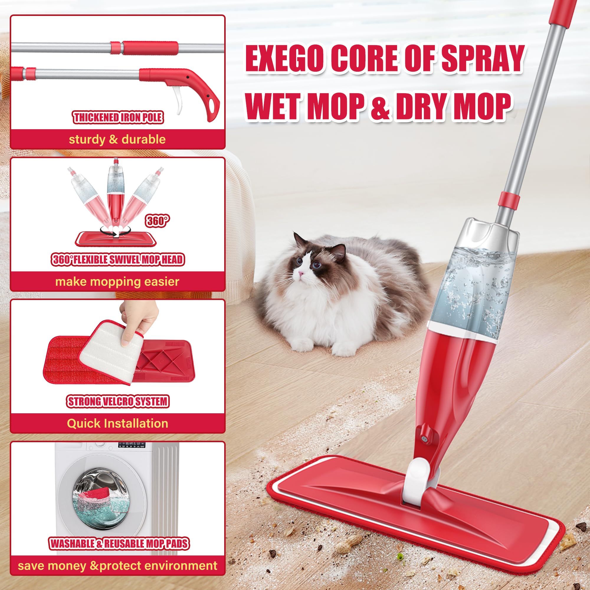 Spray Wet Mops for Hardwood Floor Cleaning - EXEGO Microfiber Dry Dust Spray Mop with Washable Pads fit for Swiffer PowerMop, Wet Jet Mop Flat Floor Mop with Sprayer for Wood Laminate Ceramic Tiles