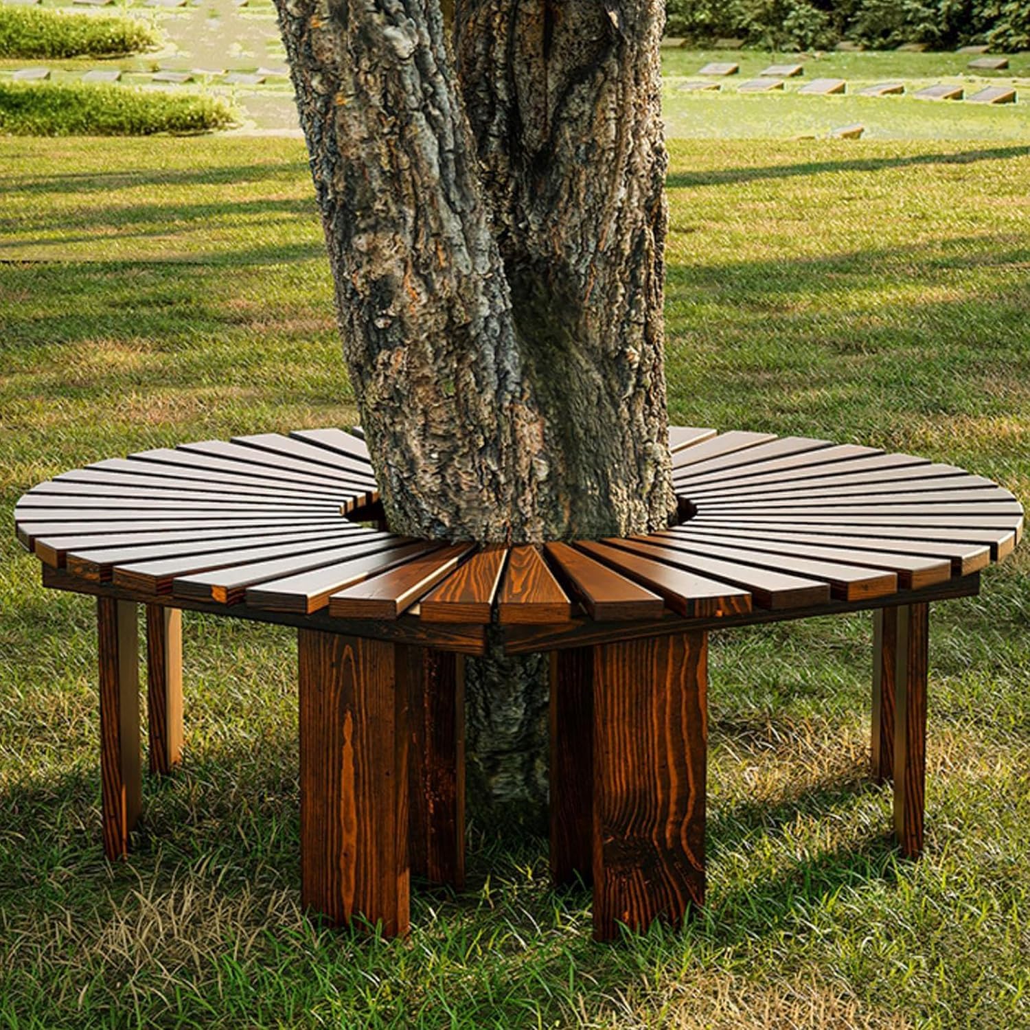 Tree Bench Wrap Around Outdoor Courtyard Bench Wooden Curved Benches Round Park Bench Outdoor Furniture,Solid Wood Slatted Seat Fan-Shaped Bench,Garden Tree Bench Backless Bench Patio