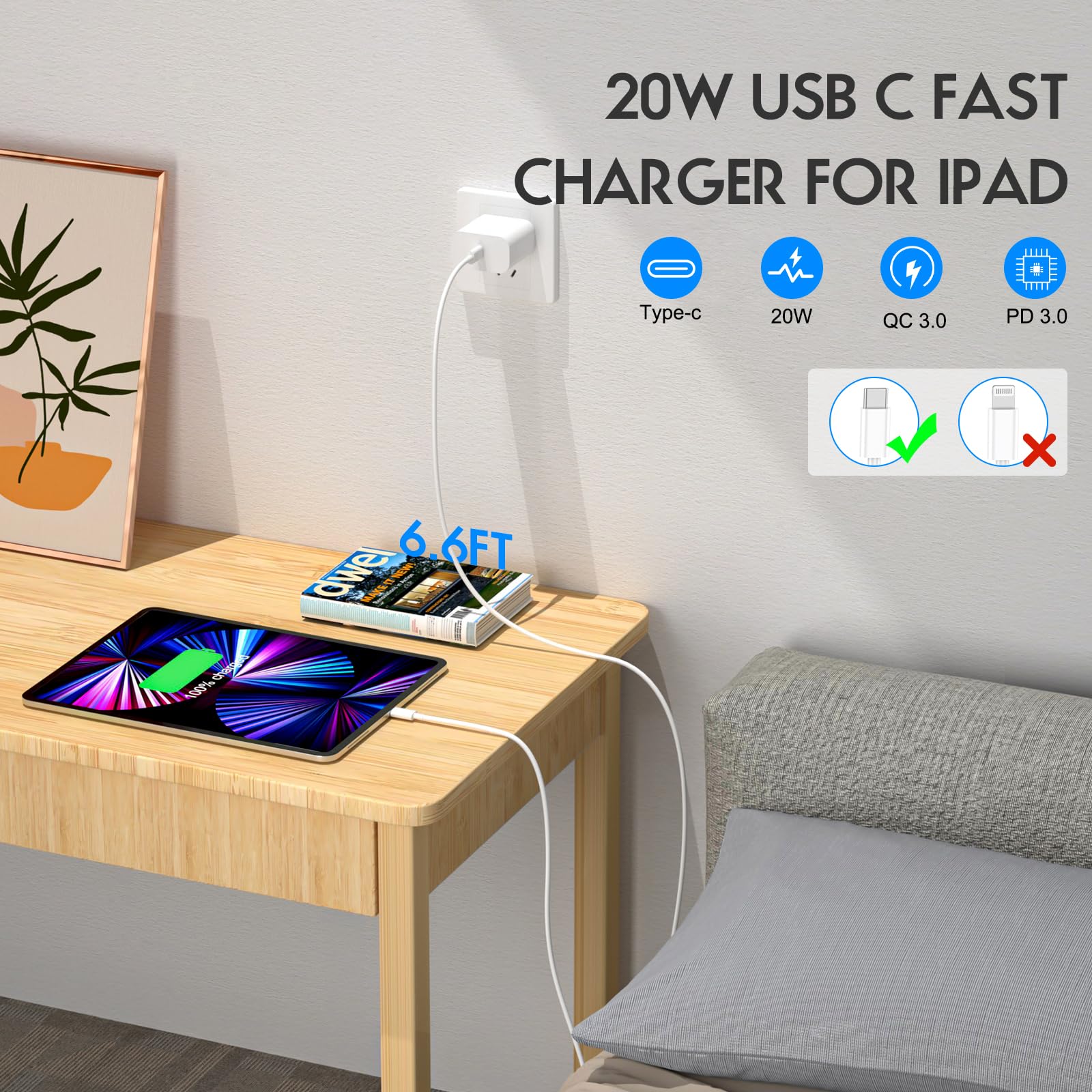 iPhone 15 Charger Fast Charging,20W USB C Fast Charger for iPhone 15/15 Plus/Pro Max, iPad Pro 12.9/11 inch, iPad Air 5th/4th, iPad 10th, 2Pack Type C Wall Charger Block with 6FT Long USB C to C Cable