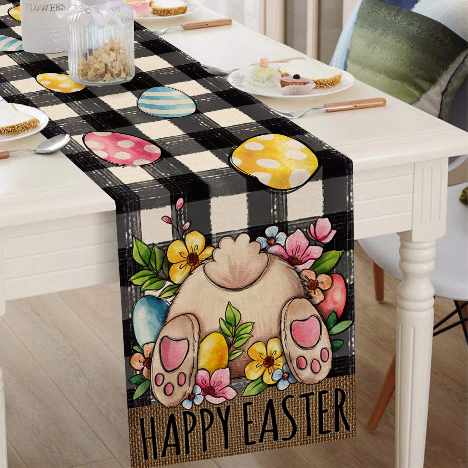Seliem Happy Easter Bunny Rabbit Table Runner, Eggs Black Buffalo Plaid Check Kitchen Dining Table Decor, Flowers Spring Burlap Home Decoration Indoor Outdoor Holiday Party Supply 13 x 72 Inches