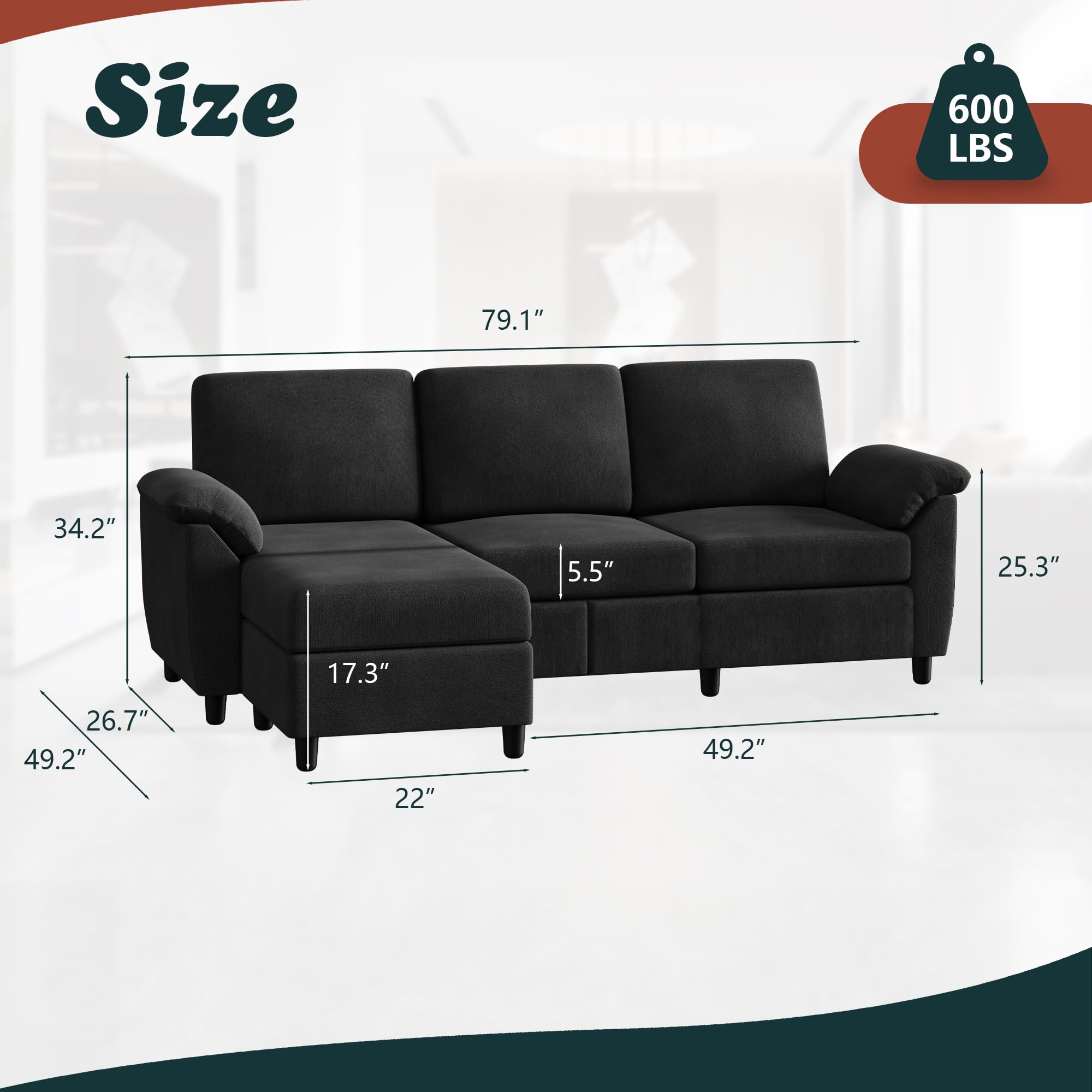 Vongrasig 79" Convertible Sectional Couch, 3 Seat L Shaped Sofa with Removable Pillows Linen Fabric Small Couch Mid Century for Living Room, Apartment and Office (Black)