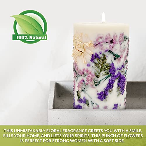 Vionami Aloha Kiwi Passionfruit Scented Pillar Candle with Dried Flowers - Long Burning Natural Soy Wax Scented Candle for Home - Gift-Boxed Hand Poured Luxury Candle with Paper Core Wick (Forget Me)