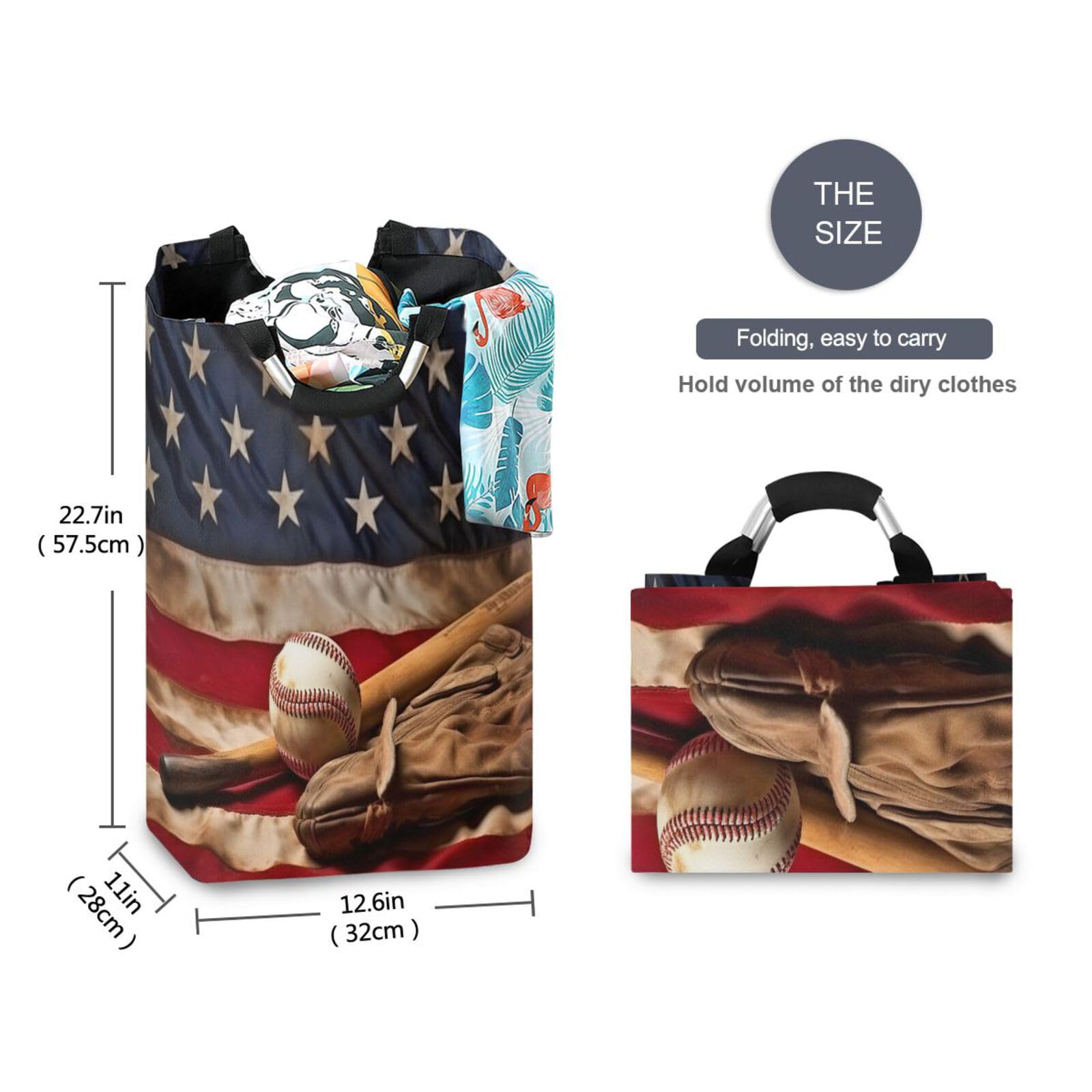 YETTASBIN Baseball American Flag Laundry Hamper, Waterproof Foldable Laundry Basket Large Dirty Clothes Toys Storage Basket with Handle for Bathroom, Bedroom, Laundry Room, Playroom