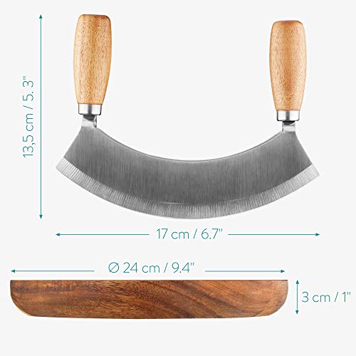 Navaris Cutting Board & Mezzaluna Knife - Wooden Chopping Board & 2-Bladed Curved Herb Cutter - Round Acacia Wood Board & Double Blade Rocker Chopper