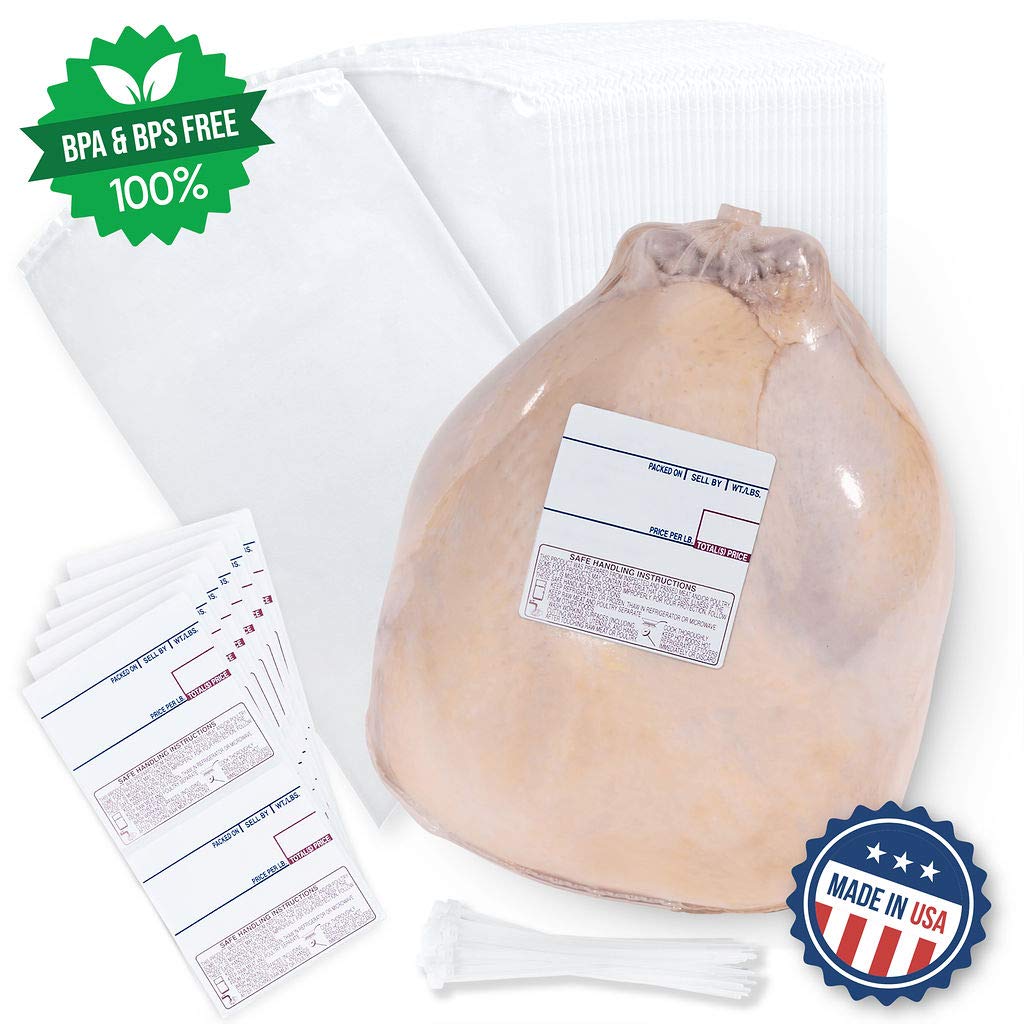 Poultry Shrink Bags (13x20) Zip Ties and Labels, 3 MIL, BPA/BPS Free, MADE IN USA (100)
