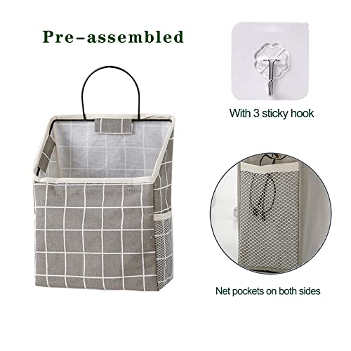 Teatalk 3 Pack Wall Hanging Storage Bags with Sticky Hooks,Closet Hanging Storage for Pocket,Bathroom Dormitory Organizer,Linen Cotton Organizer Box Containers for Bedroom