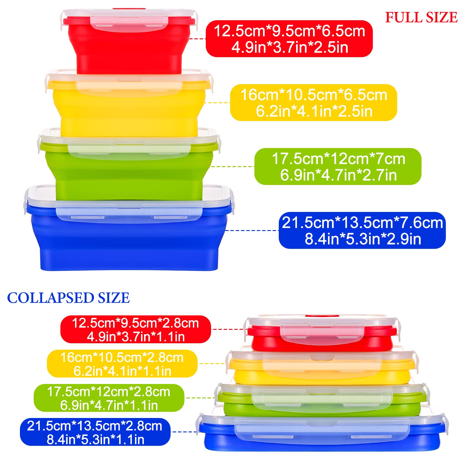 Nuenen Set of 8 Collapsible Food Storage Containers with Lids Silicone Flat Collapsible Bowls for Stacks Travel Camping Meal Prep Container for Kitchen, Freezer Microwave Dishwasher Safe (Rectangular)