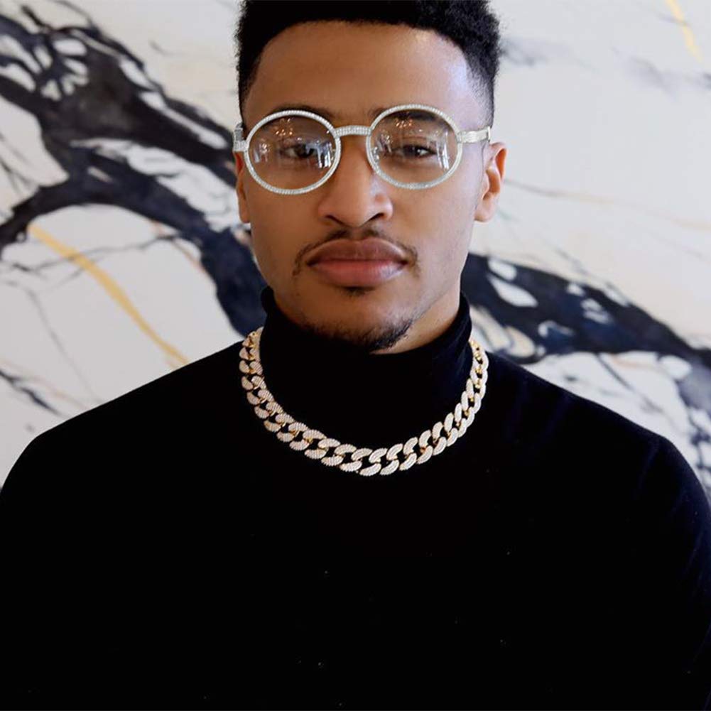 JINAO Men's 18k Gold Plated Vintage Retro Iced Out Metal/Wood Frame Glasses (Silver)
