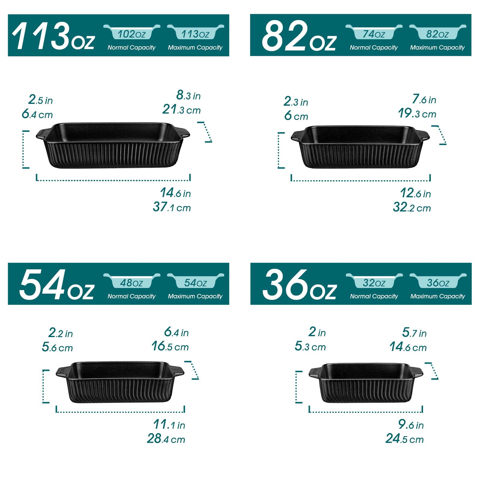 vancasso Forte 4-Piece Stoneware Baking Dish Set - Rectangular Casserole and Lasagna Pans with Handles, Deep Oven-Safe Bakeware for Cooking, Black