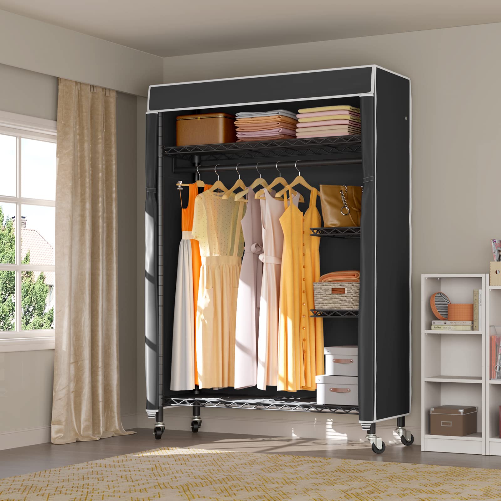 VIPEK V11C Portable Closet Rolling Clothes Rack 5 Tiers Heavy Duty Adjustable Wire Garment Rack with Lockable Wheels Wardrobe Black Metal Clothing Rack with Black Oxford Fabric Cover, Max Load 452LBS