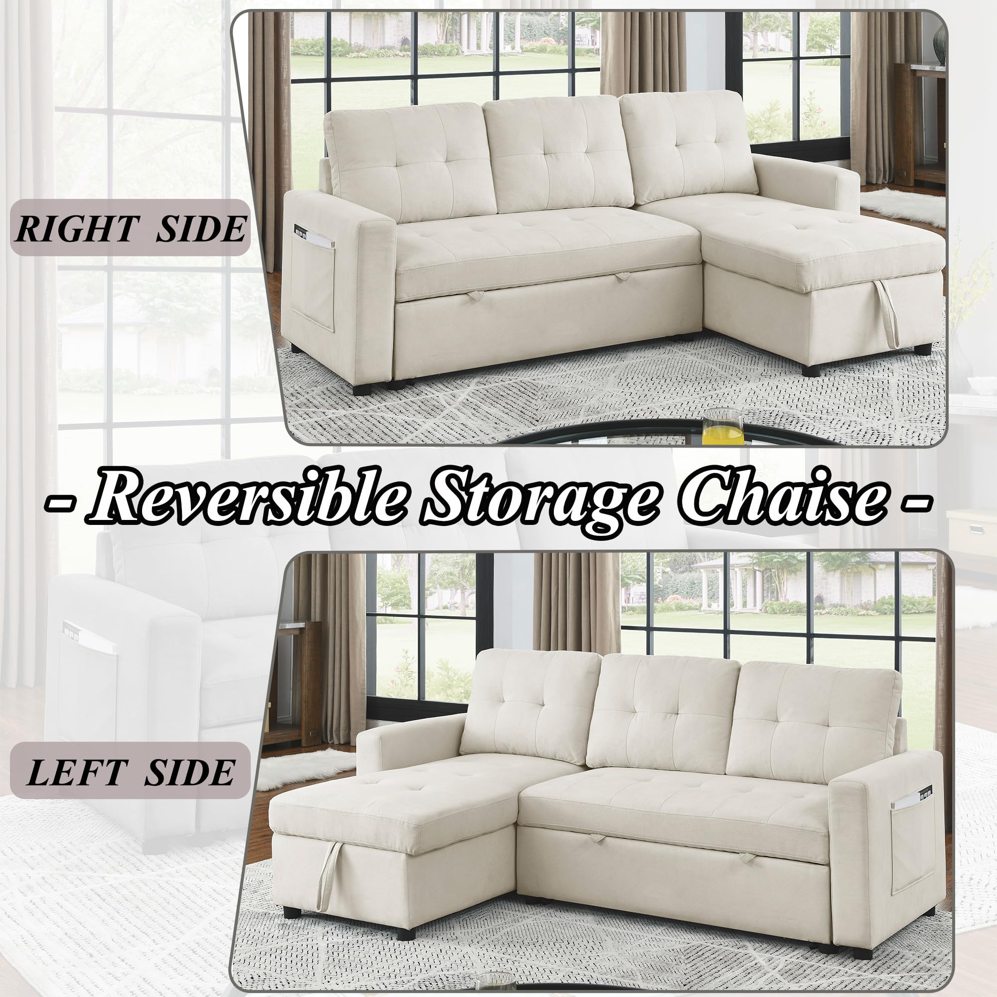 XZTUAJ 78" L Shaped Couch Sofa,3 Seater Couch Reversible Sleeper Sectional Sofa with Pull-Out Bed,Comfy Tufted L-Shaped Sectional Sofa Couch Bed with Storage Chaise Side Pocket for Living Room (Beige)