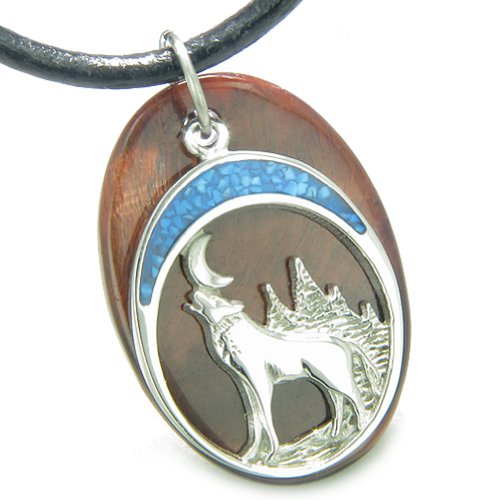 Howling Wolf Moon Amulet Evil Eye Protection Red Tiger Eye Leather Pendant Necklace
