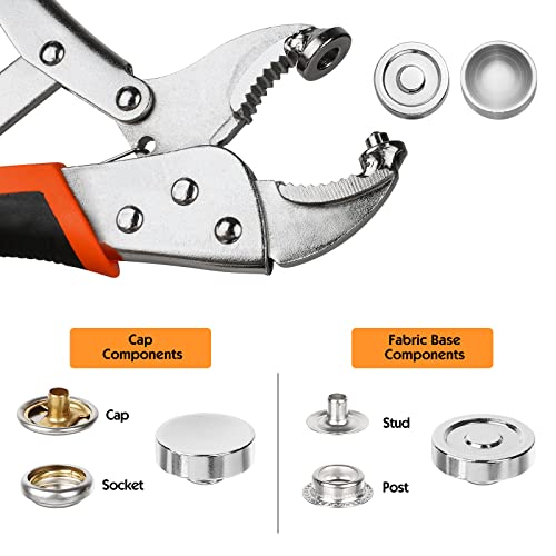 Sopnom Heavy Duty Snap Fastener Tool (3 Replaceable Dies), Adjustable Snap Buttons Kit Tool with Pucher, Includes 10 Sets 15mm Snaps for Boat Cover, Replacing Metal Snaps, Boat Covers, Canvas, Tarps