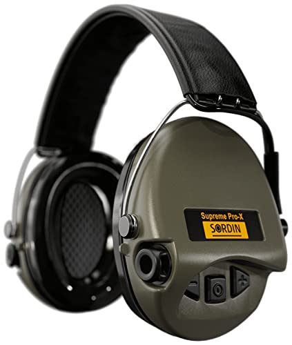 Sordin Supreme Pro-X Ear Defenders for Hunting & Shooting - Active & Electronic - Leather Band & Foam Kits - Green Ear Muffs