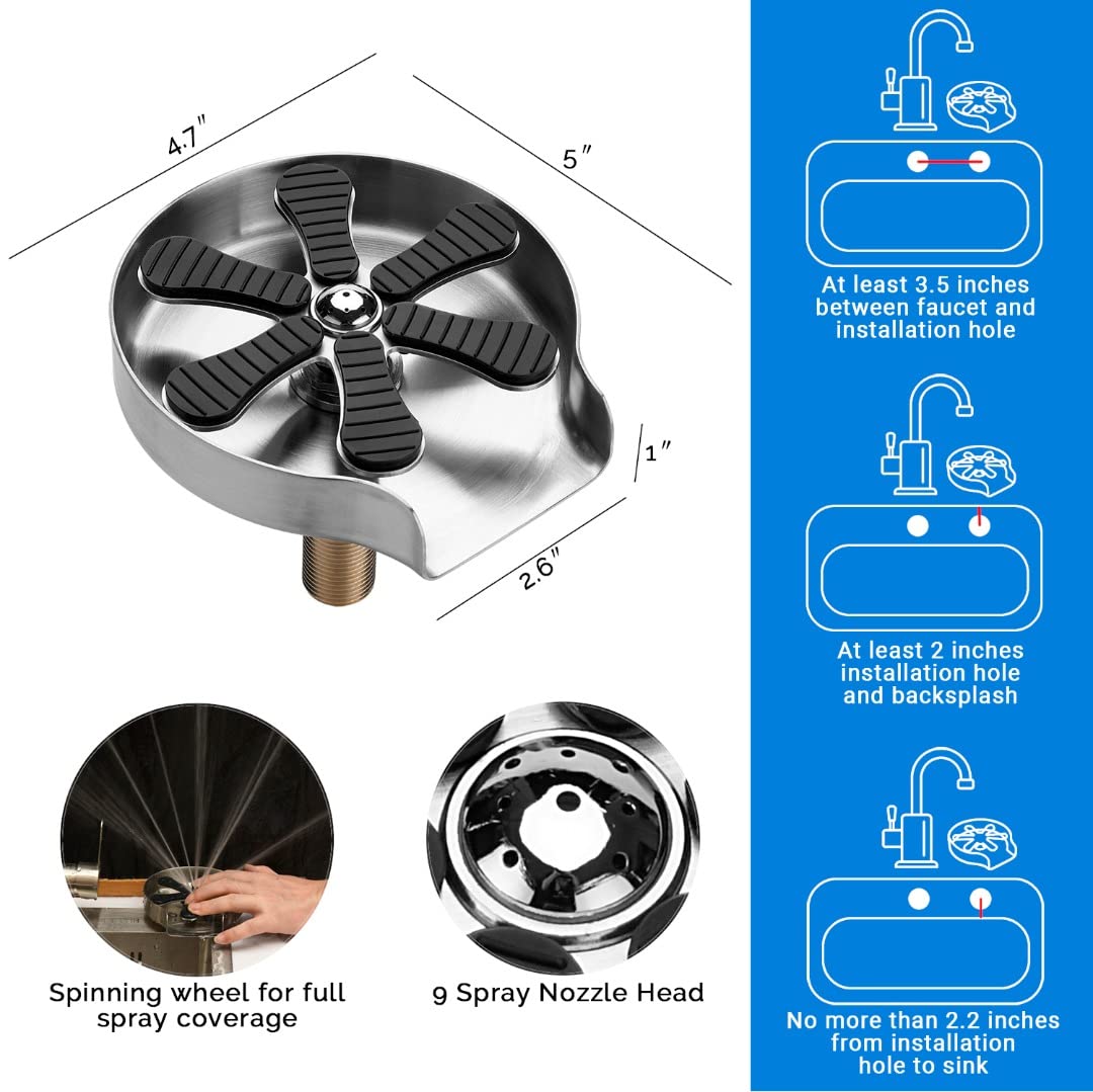 Rinzer Automatic Sink Glass Rinser for Kitchen Sink with Drying Mat - Stainless Steel Spot Free Finish - Bar Glass Washer For Kitchen Sink - Sink Cup Washer for Sink - Sink Cup Rinser for Sink