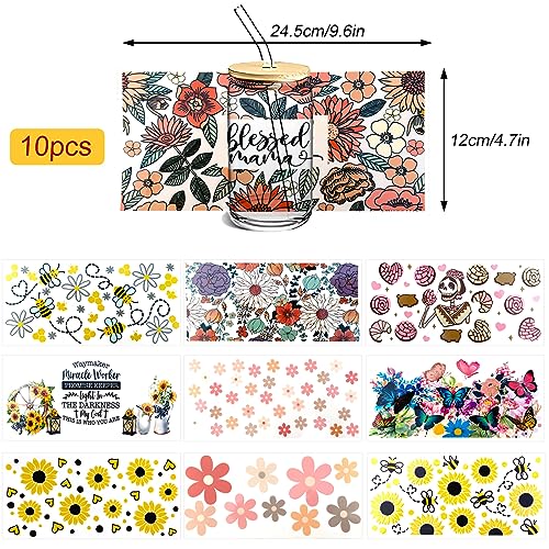 UV DTF Cup Wrap, 10 Sheets Flower Butterfly Bee Coffee Cup Rub on Transfers for Glass Cups, UV DTF Cup Wrap Transfer Stickers Decals Waterproof Rub on Transfers for Glass Cups Crafts Vintage