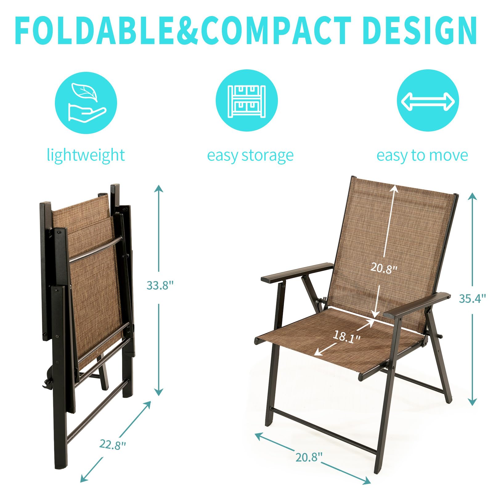 SJGUOJI Patio Folding Chairs Set of 4, Outdoor Lawn Chairs with Rustproof Metal Frame, Portable Dining Chairs for Porch, Deck, Garden, Backyard, Camping（Brown）
