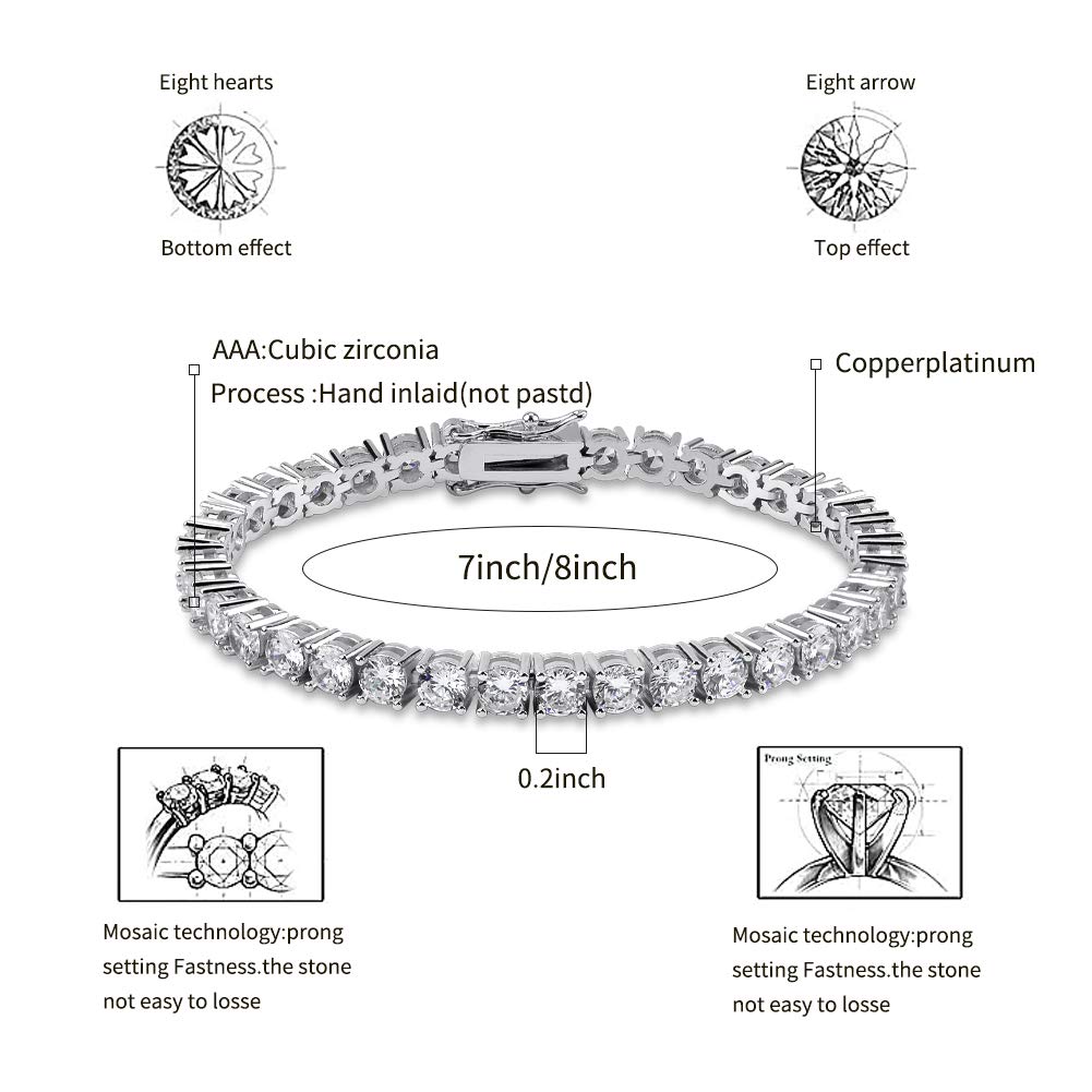 JINAO 1 Row AAA Gold Silver All Iced Out Tennis Bling Lab Simulated Diamond Bracelet (5mm Silver 8"