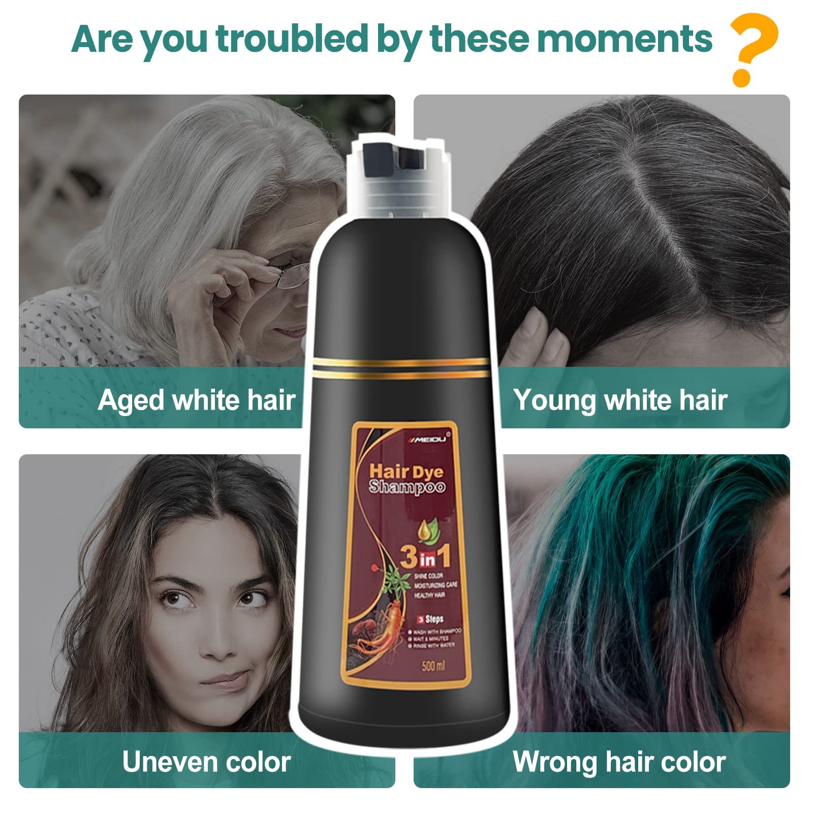 UEMIUS Hair Dye Shampoo Instant 3 in 1 Easy Shampoo for Women & Men (100% Herbal Natural Ingredients) Grey Hair Coverage Coffee(500mL,17.6 Fl Oz)