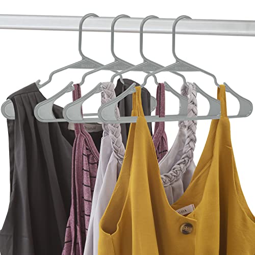 ROYALE 60 Pack Grey Plastic Hangers for Clothes - Heavy Duty Plastic Clothes Hanger Ideal for Everyday Standard Use - Lightweight & Space Saving Notched Plastic Hangers - Slim & Sleek Shoulder Groove