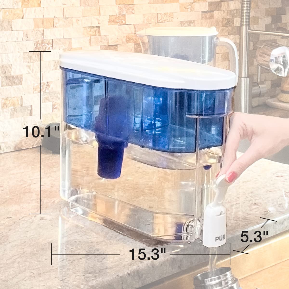 PUR 30-Cup Water Filter Dispenser with 1 Genuine PUR Filter, Large 30-Cup Capacity, 2-in-1 Powerful Filtration, BPA Free, Dishwasher Safe, White/Blue (DS1800Z)