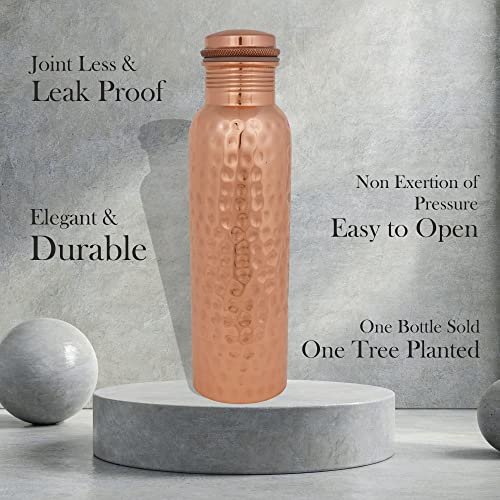 Pure Copper Water Bottle - 34 oz Leak Proof Joint Less Indian Ayurveda Health Benefit Water Drinking Carafe Drink More for Healthy Lifestyle - Hammered - 1000 ML
