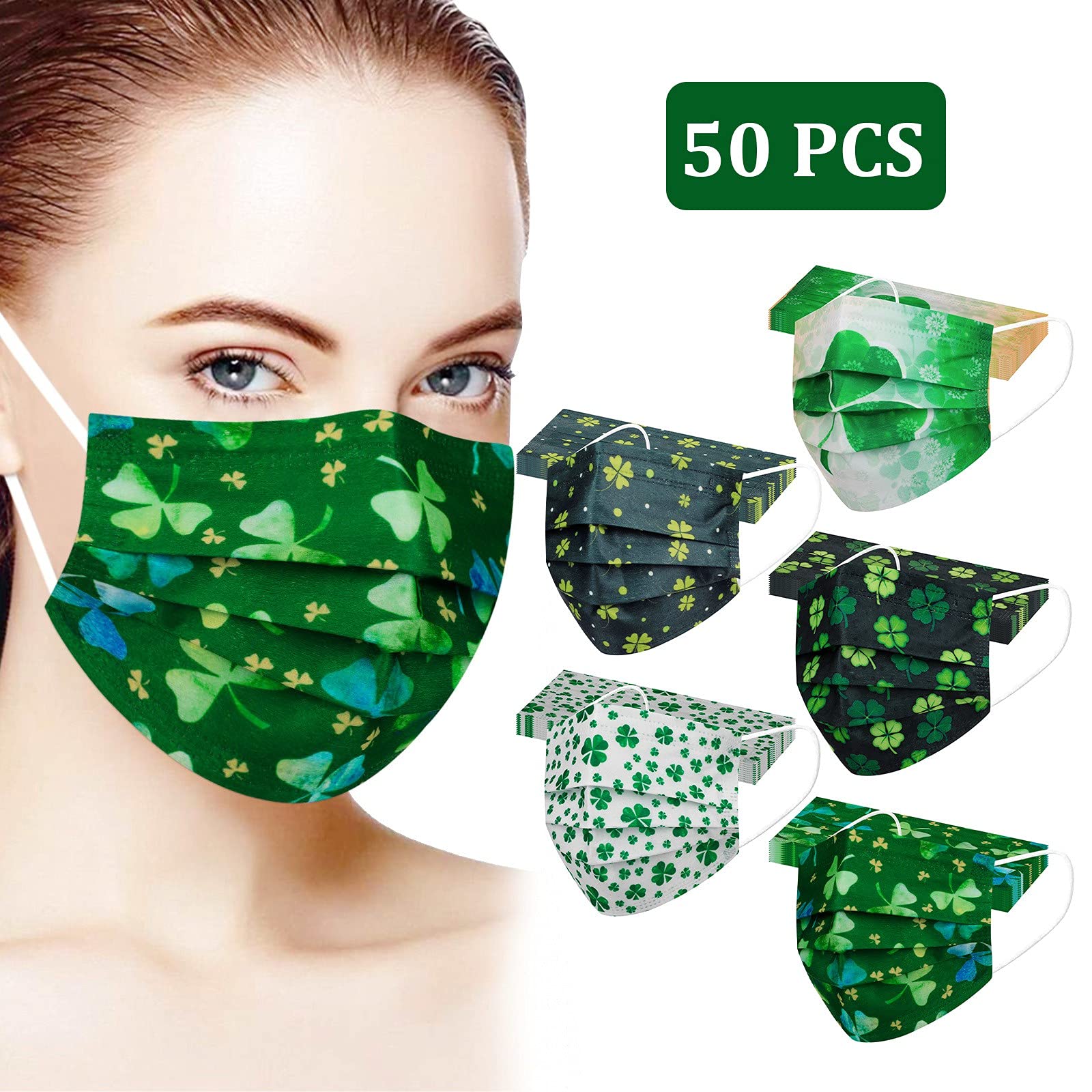 Rvikurc 50PC St.Patrick's Day Masks Disposable for Adult,3 Ply Facemasks with Green Shamrocks Gnome Designs,Holiday Facemask Outdoor