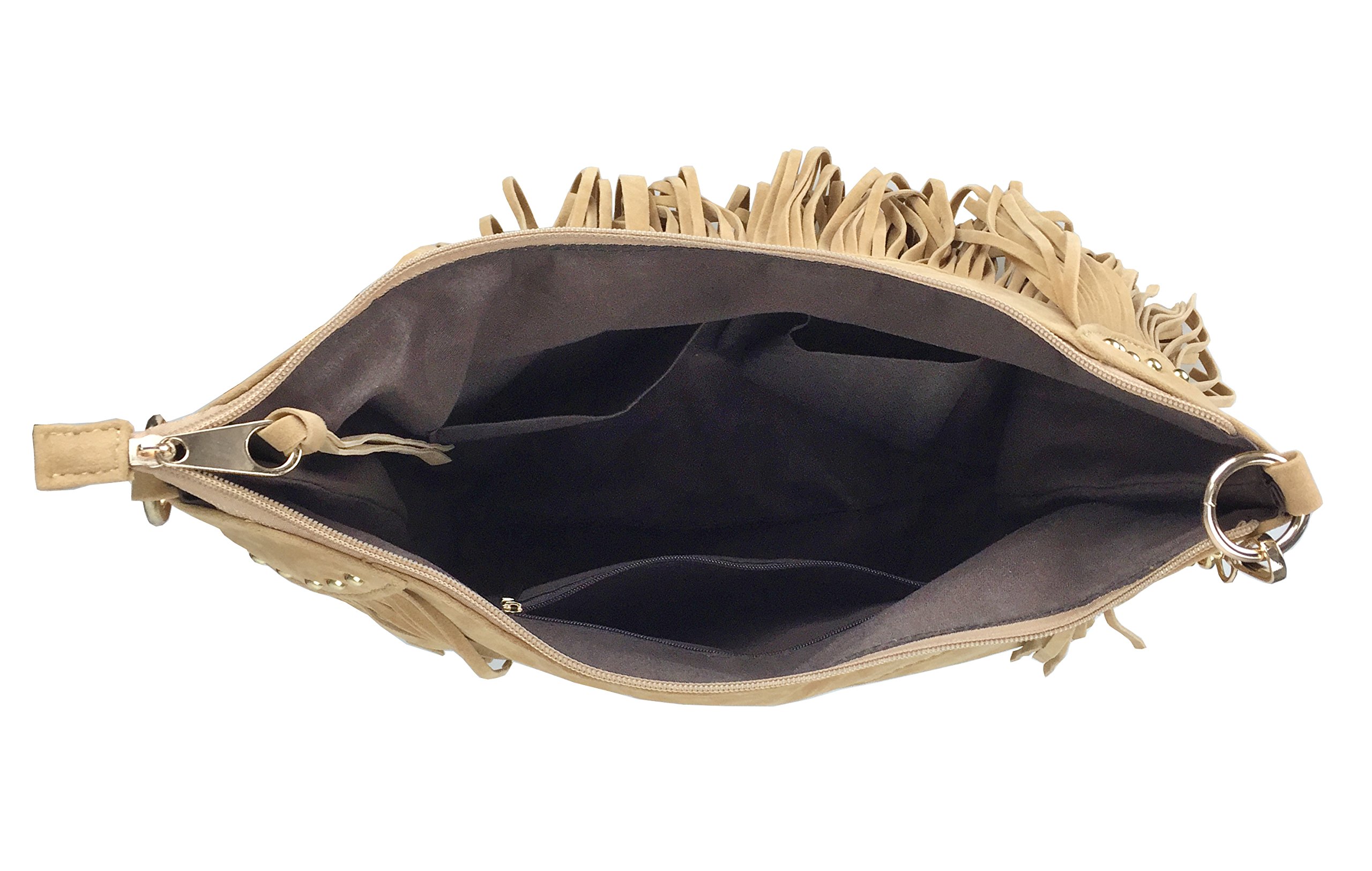 HOXIS Studded Tassel Faux Suede Leather Hobo Cross Body Chain Shoulder Bag Womens Satchel (Khaki)