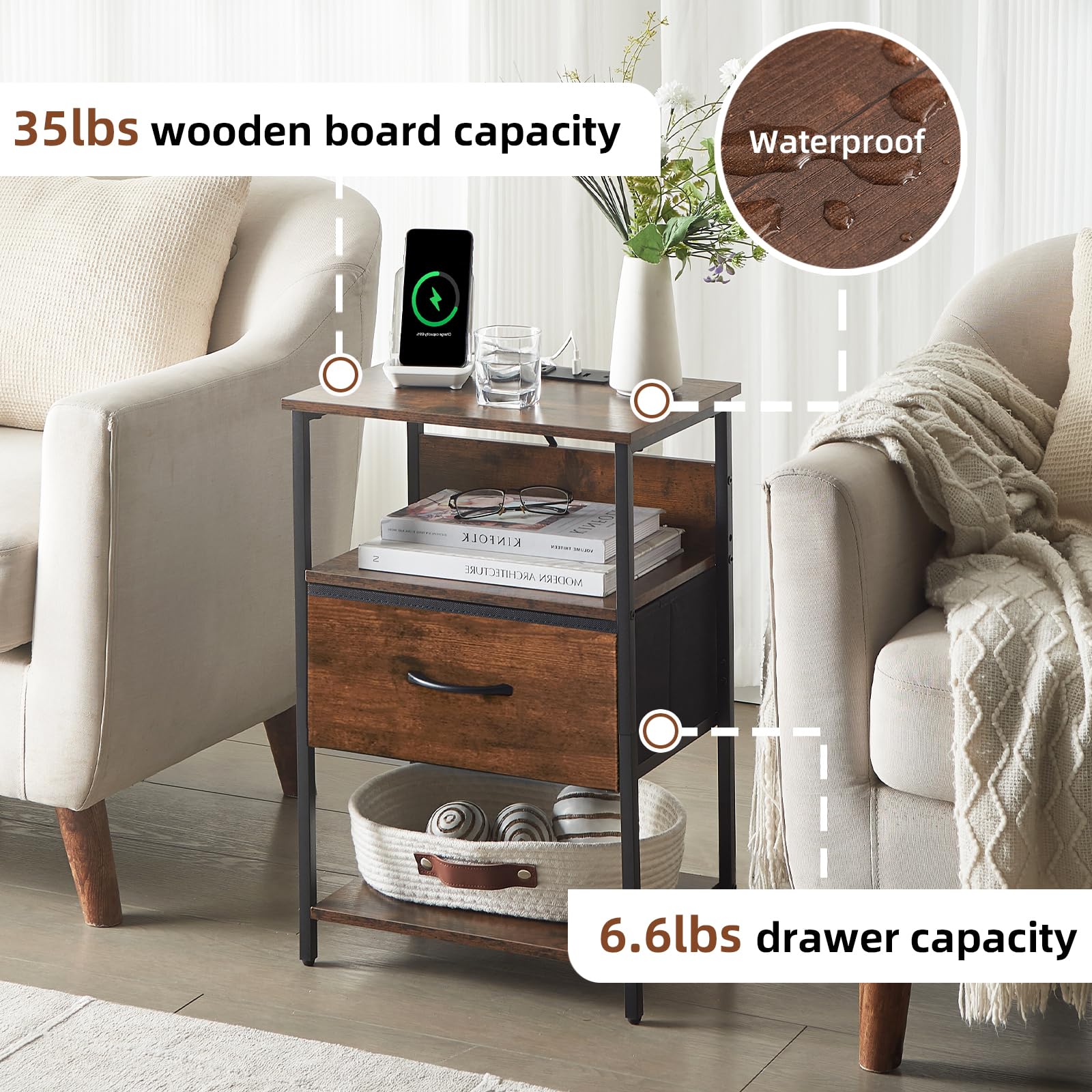 Somdot Nightstand with Charging Station and LED Light for Bedroom, Bedside Table End Table for Dorm Bedside Laundry Closet Entryway Hallway, Wood Grain Print
