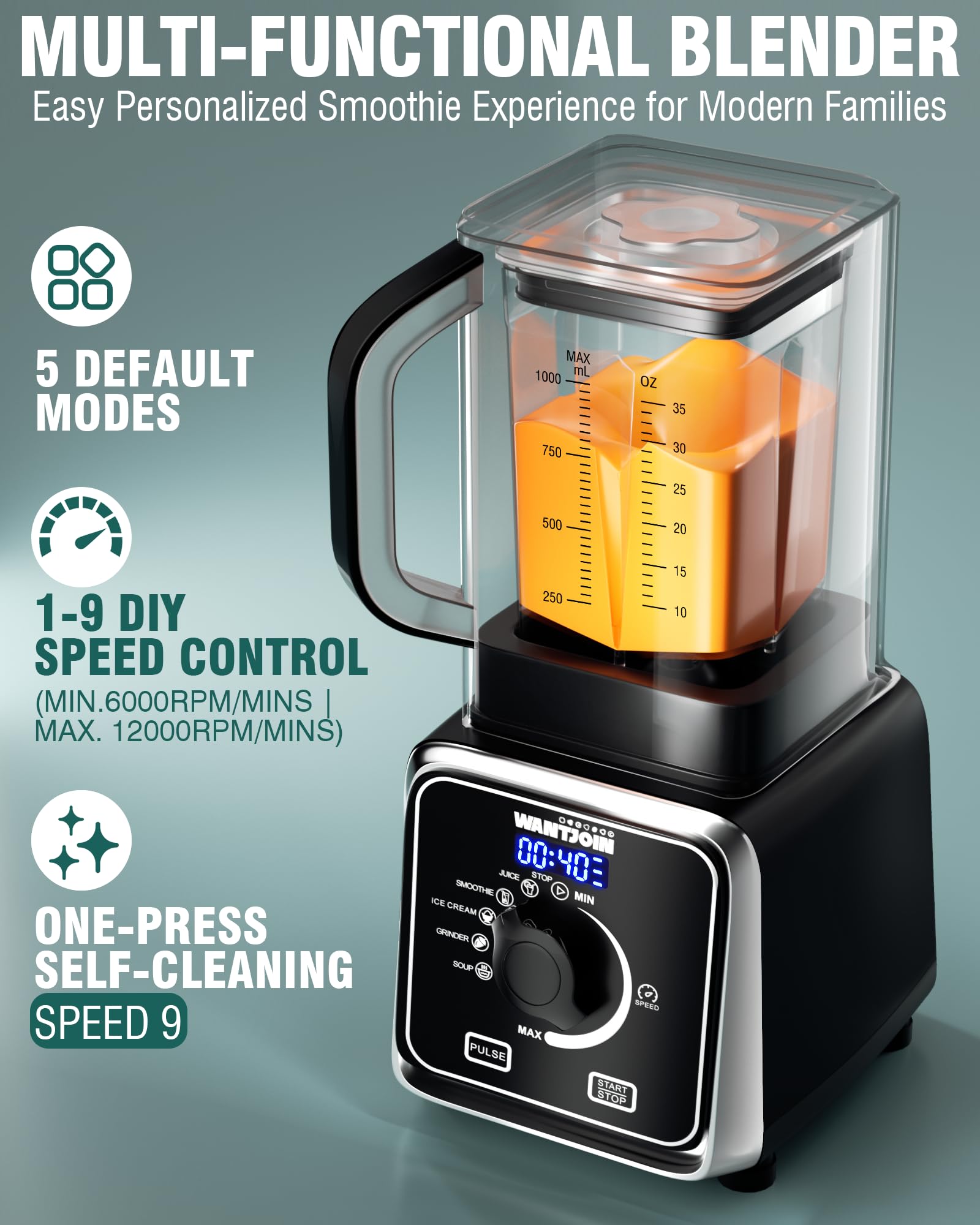 WantJoin Blender for Kitchen with Sound Shield Silent Blender Professional Countertop Quiet Blender Self-Cleaning Multifunctional for Milk Shakes Smoothie Juice Commercial Home 34Oz/1L Capacity
