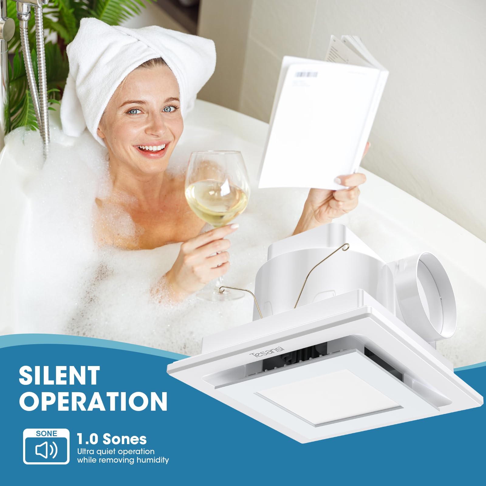 Tesansi Bathroom Exhaust Fan with Light, 12W Bathroom Fan with LED Light Combo - 100 CFM & 1.0 Sones, 3000K/4000K/5000K Adjustable - Low Noise Ventilation Fan for Home/Bath/Office/Hotel