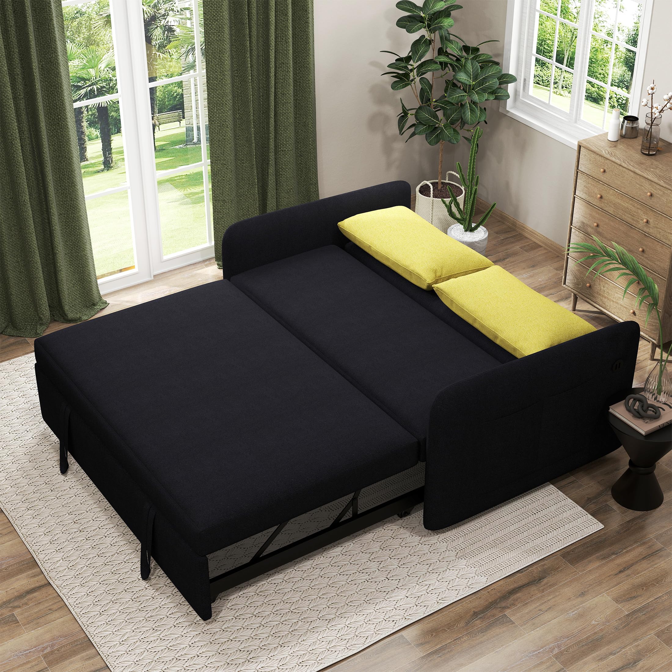 SumKea Loveseat Sleeper, Velvet Convertible Futon Bed, with Adjustable Backrest, Pillows, Pockets for Living Room, Apartment, 3-in-1 55.8", Blue