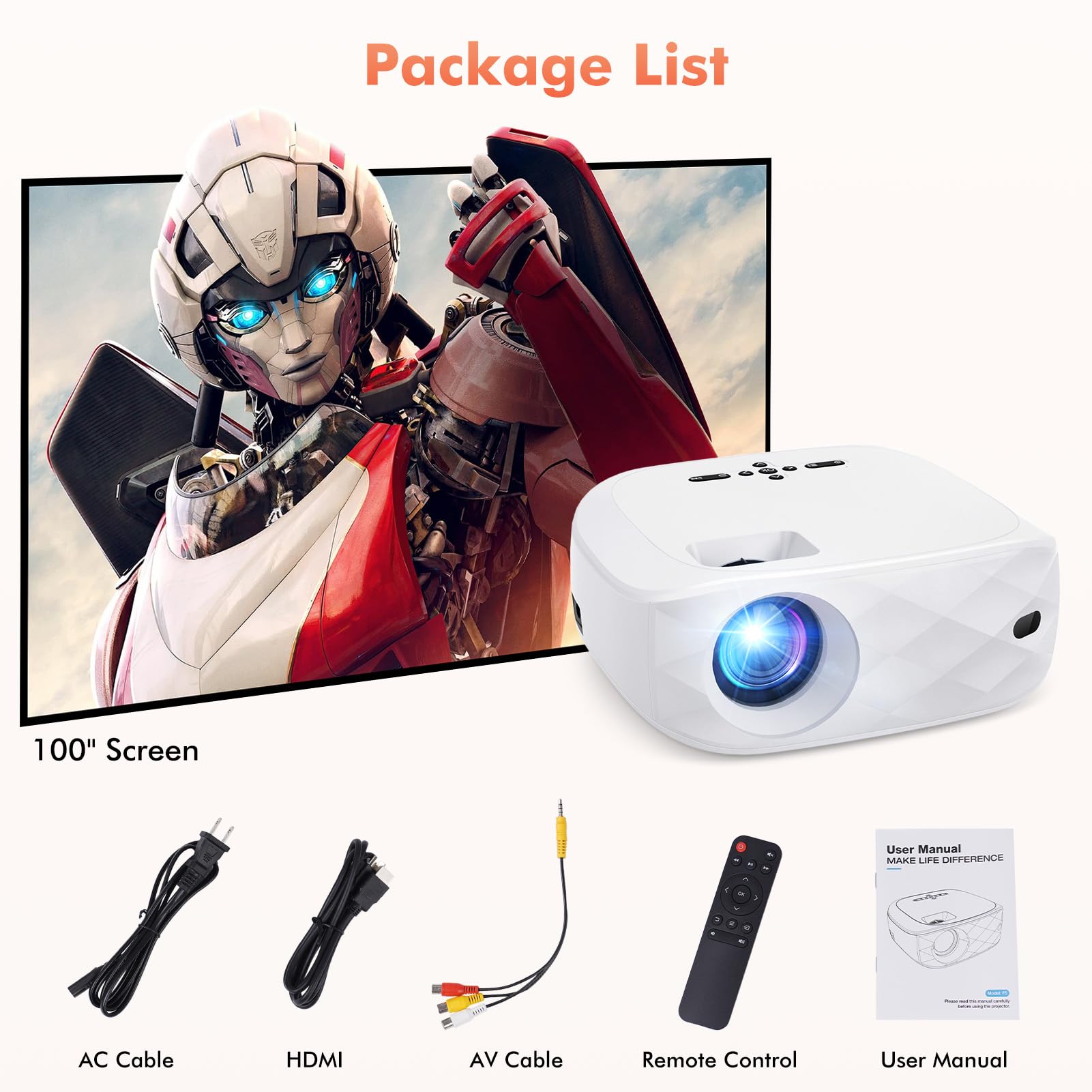 HOWWOO 4K Projector with WiFi and Bluetooth, One-step Mirroring Portable Projector for Phone, Native 1080P Mini Projector with 100" Outdoor Projector Screen, Compatible with Phone/Laptop/TV Stick/PS5