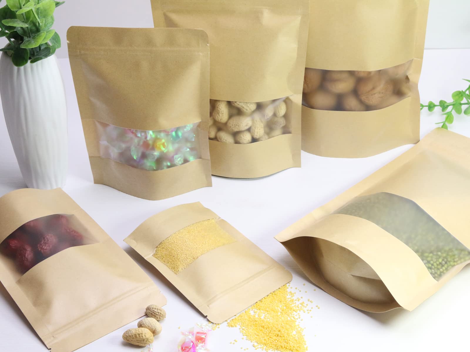 PQZKLDP 100pcs Assorted-Size Kraft Paper Bags with Matte Windows Reusable Smell Stand Up Pouches Bakery BagsFood Candy Coffee Tea Spice Sample Storage Sealable Bags for Small Business Packaging