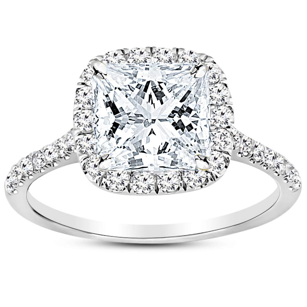 Houston Diamond District 1 Carat 14K White Gold Halo GIA Certified Princess Cut Diamond Engagement Ring IGI Standards (0.5 Ct G Color SI2 Clarity Center Stone)