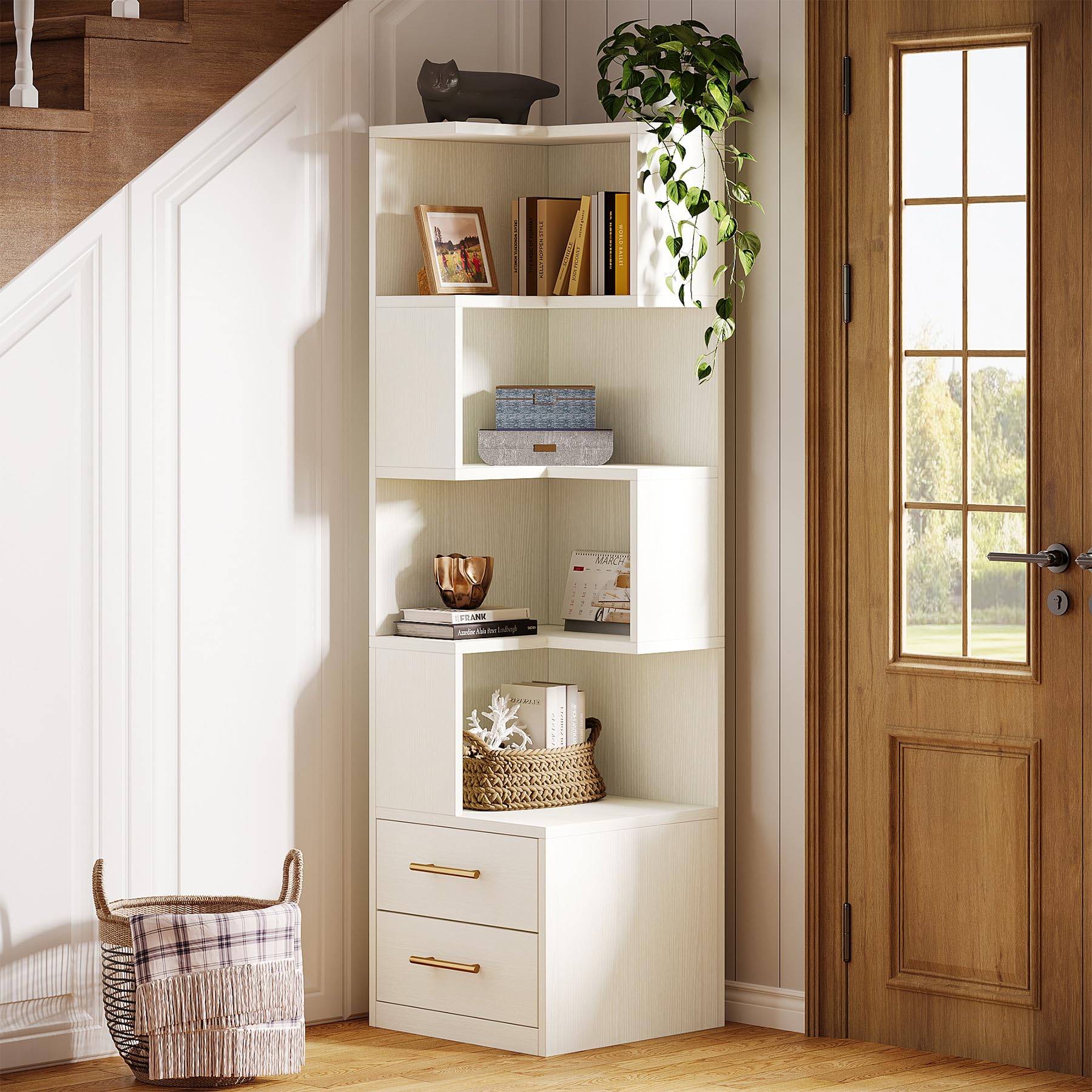 Tribesigns 5-Tier Corner Bookshelf with 2 Drawers, 66.9-Inch Tall Corner Bookcase Shelf, Modern Simple Corner Storage Cabinet Display Rack Shelf for Living Room, Home Office, Beige