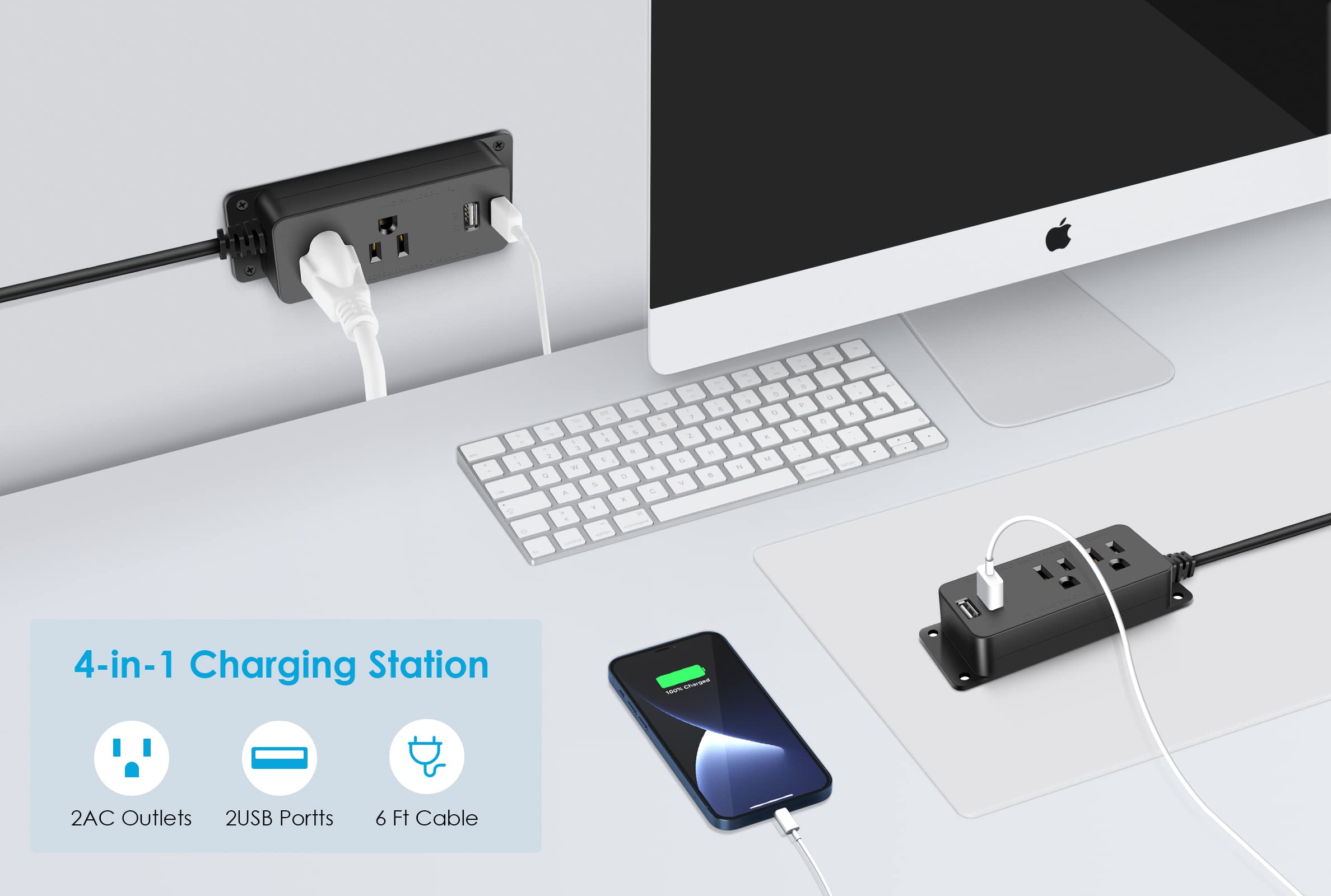 Power Strip with USB,2 AC Outlets 2 USB Charging Ports Mounting Power Center,6.5fT Power Strip Heavy Duty Extension Cord,Mountable Under Desk/Table Wall Socket(Black)