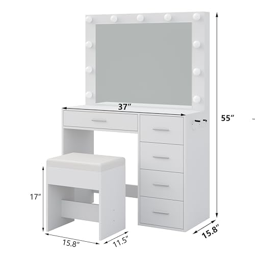 Yanosaku Vanity Desk with Power Outl,Makeup Table with Lighted Mirror, 3 Color Lighting Modes, Brightness Adjustable, Dressing Table with Drawers, Vanity Table Set for Women, Girls（White）