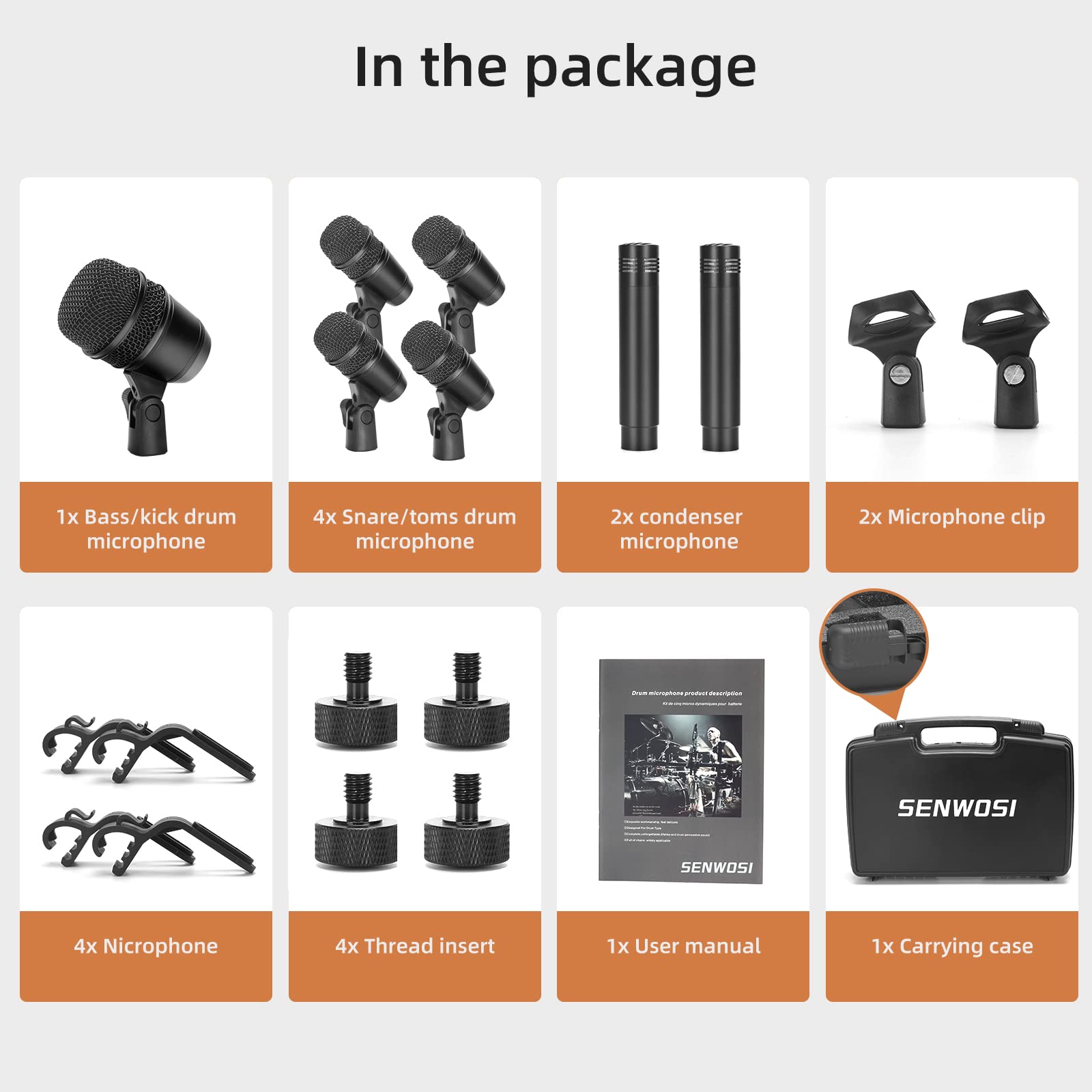 SENWOSI 7 Piece Metal Wired Dynamic Drum Mic Kit Kick bass, Tom/Snare Drum and cymbal mics for Performing and Recording Drummers - Comes with, Stand, Thread clamp, etc(G-7)