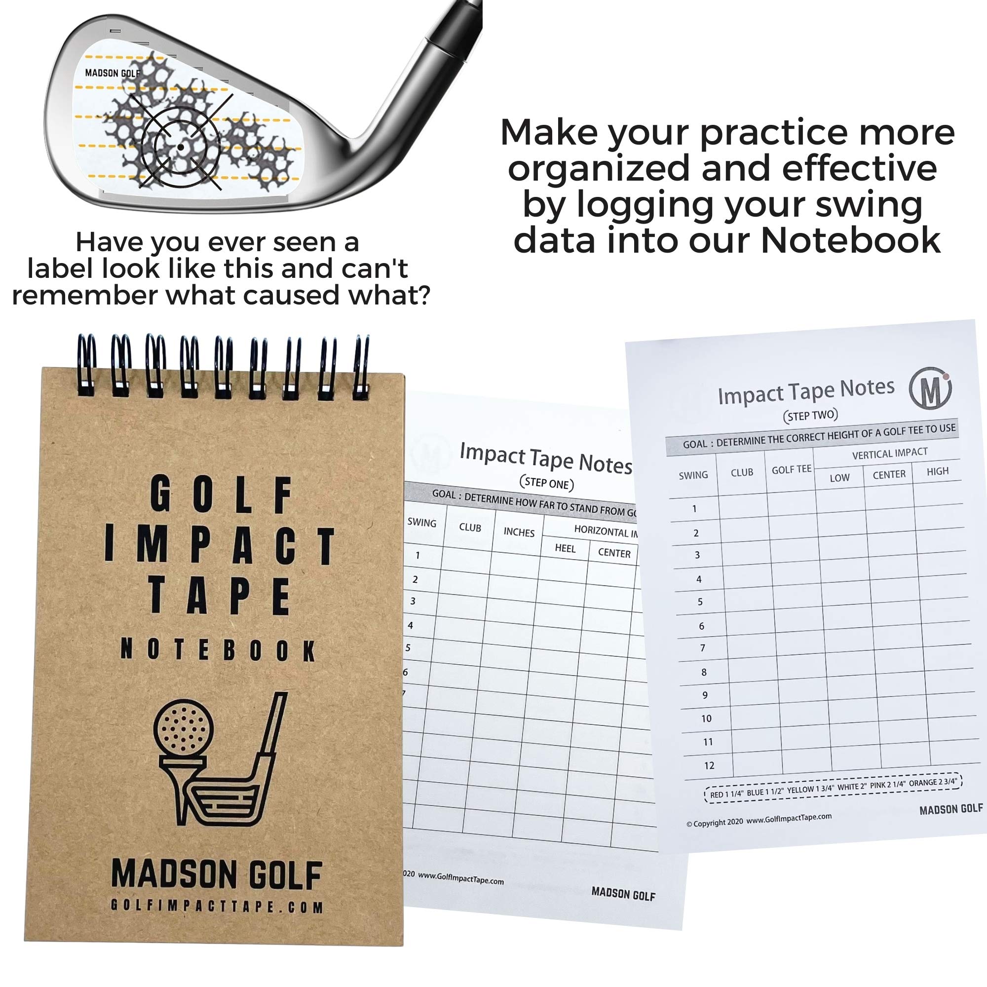 Madson Golf Club Impact Tape Labels, Swing Trainer Bundle with Training Aids Face Stickers, Variable Height Tees, Setup Measuring Tape and Practice Journal (Left-Hand Golfer)
