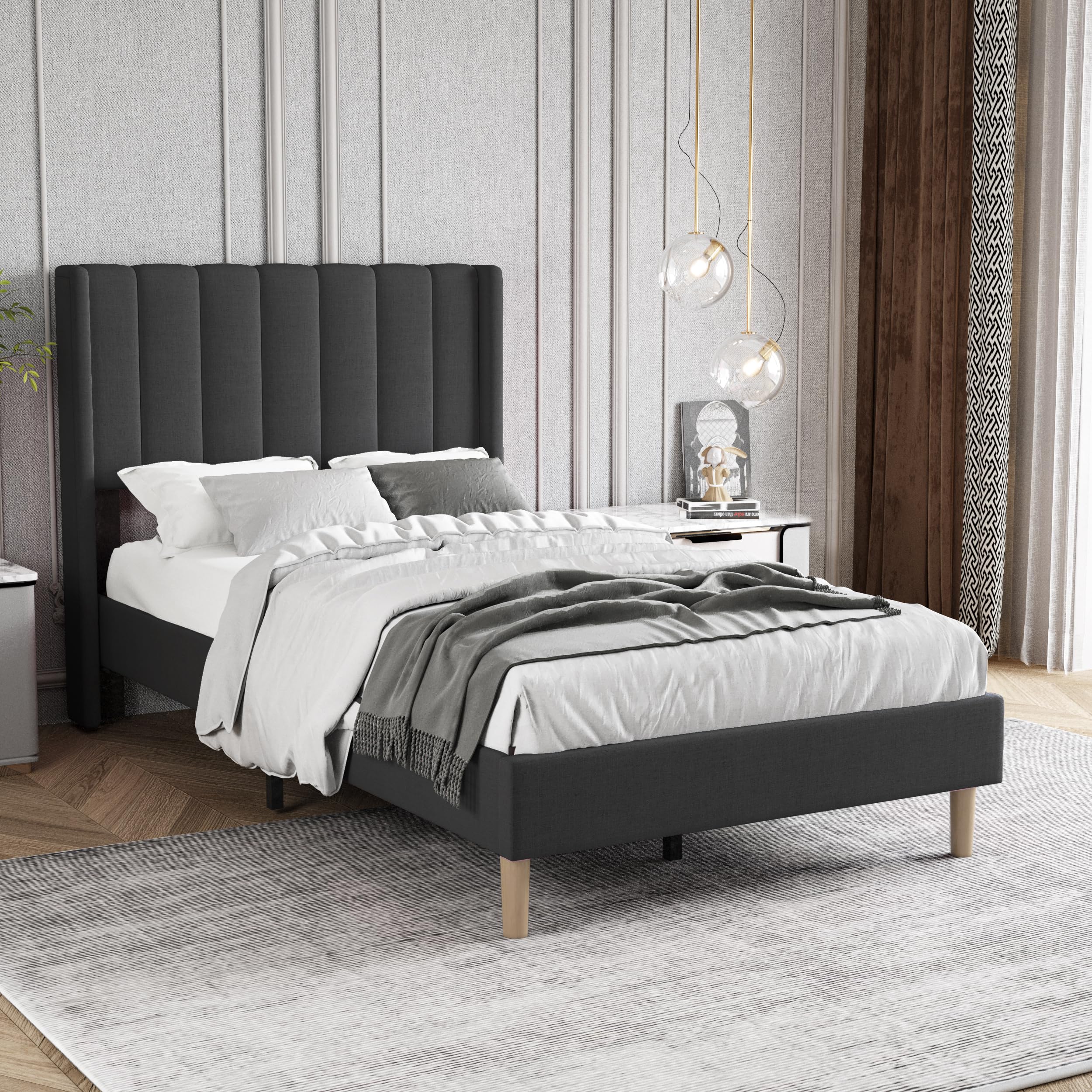 Zoophyter Upholstered Platform Bed Frame Twin Size with Headboard,Strong Wooden Slats Support No Box Spring Needed Easy Assembly Beige Velvet
