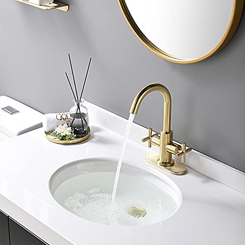 Phiestina Brushed Gold 2-Handle 4 Inch Centerset Bathroom Faucet with Drain,Deck Plate and Supply Hoses, Fit for 1 or 3 Hole, SGF002-10-BG