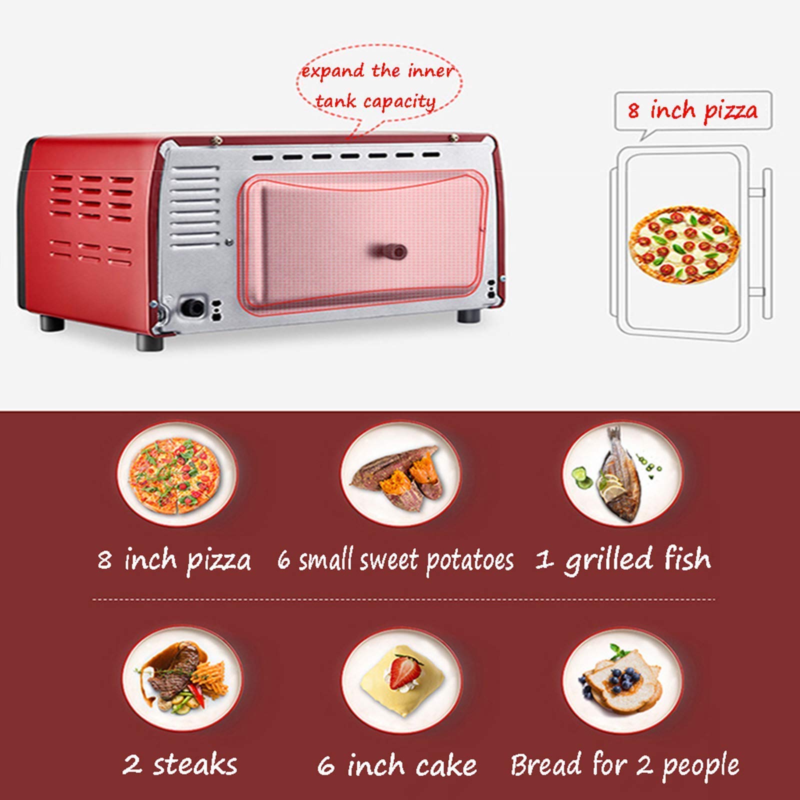 Household Intelligent 12L Electric Oven,Multifunctional Large Capacity Chicken Oven Microwave Oven with Bakeware Pizza Baking Mini Oven Red (Red) (Red)
