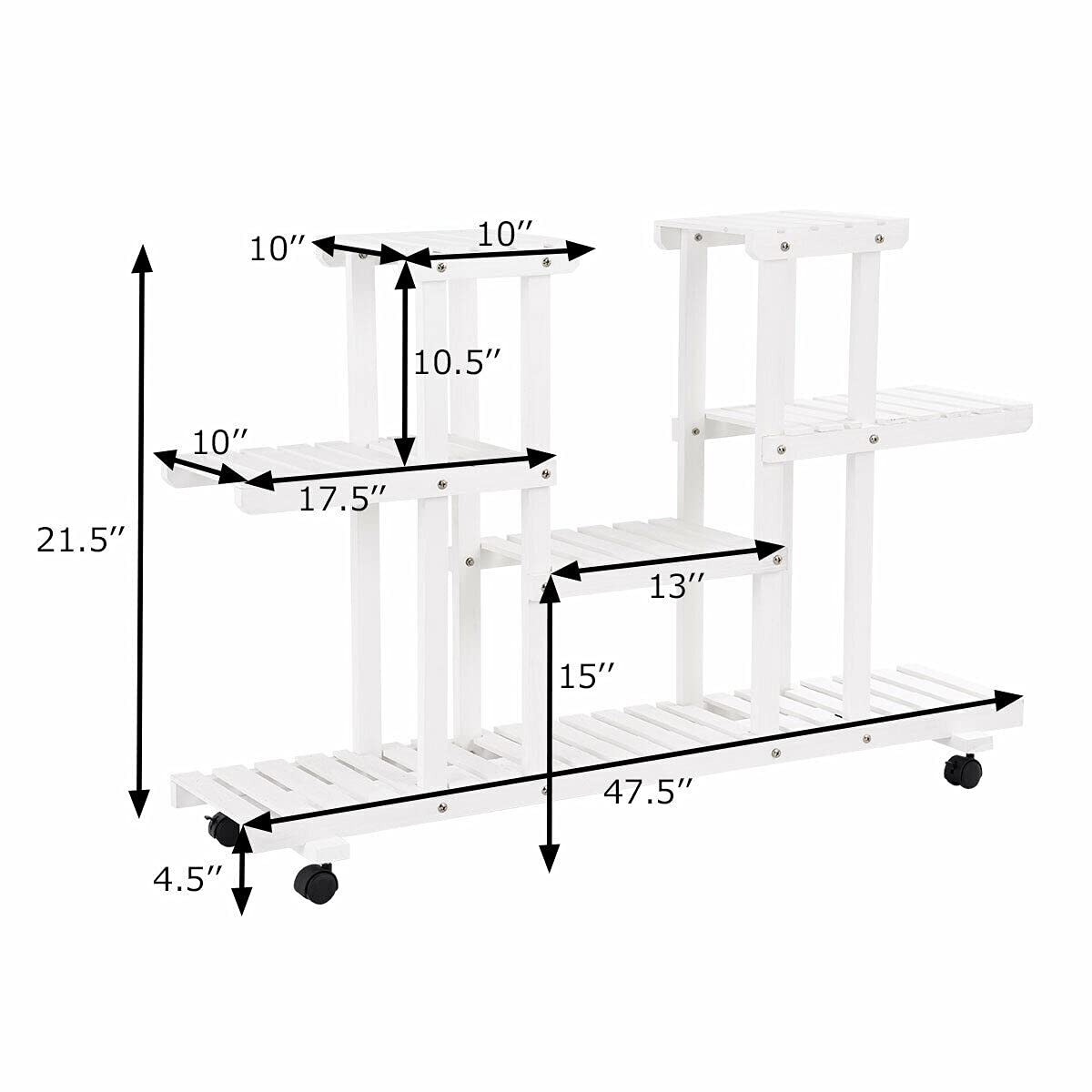 S AFSTAR Wooden Flower Rack with Wheels, 4-Tier Plant Stand, Multifunctional Bonsai Display Shelf for Living Room Balcony Patio Yard (White)