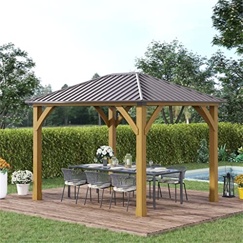 UXZDX 10' X 12' Patio Solid Metal Roof Gazeb, Galvanized Steel Gazebo with Wooden Frame, for Patios Deck Backyard Gardon