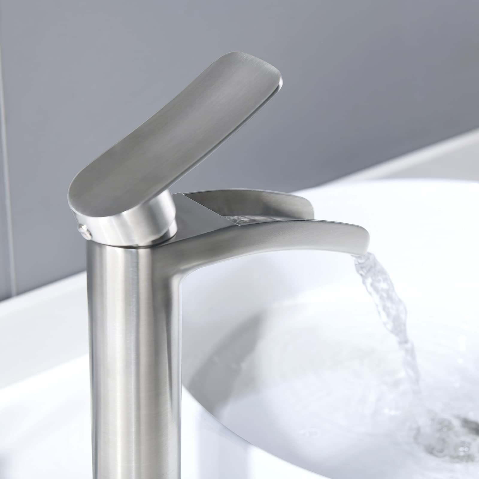 Phiestina Brushed Nickel Tall Bathroom Vessel Sink Faucet, Single Hole Single Handle Waterfall Modern Bathroom Faucet, with Pop Up Drain and Water Supply Line, NS-SF01-BN-V