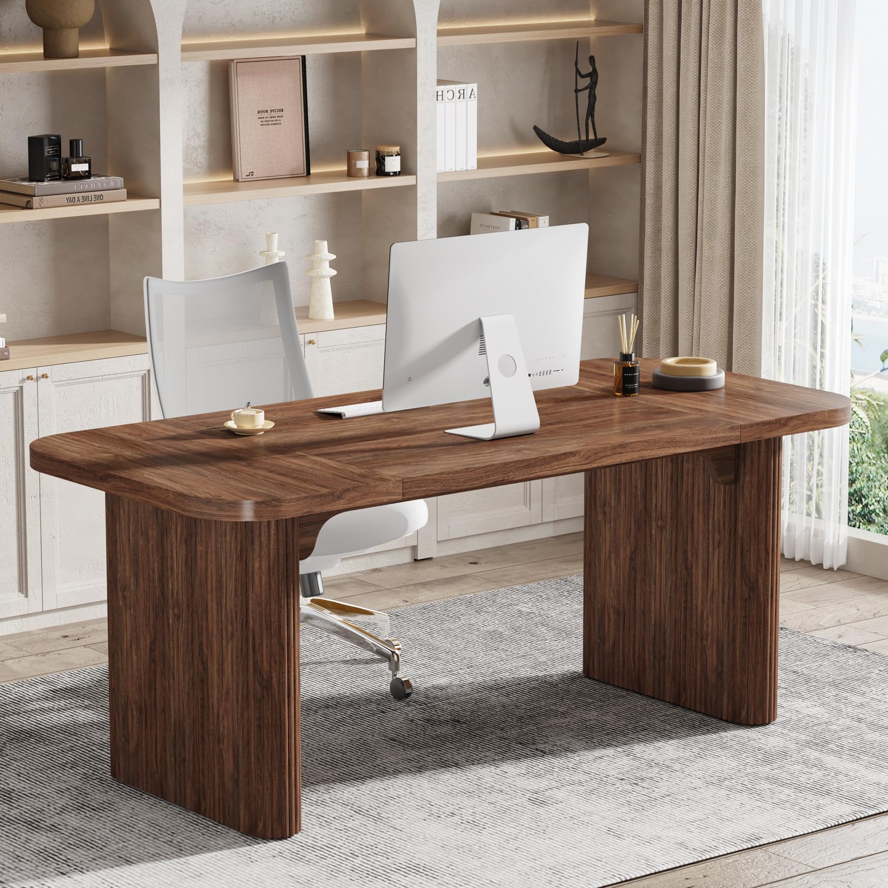 Tribesigns 62" Executive Desk, Large Computer Office Desk with Double Pedestal, Modern Simple Style Natural Wood Top Rectangle Writing Desk for Home Office (Brown)