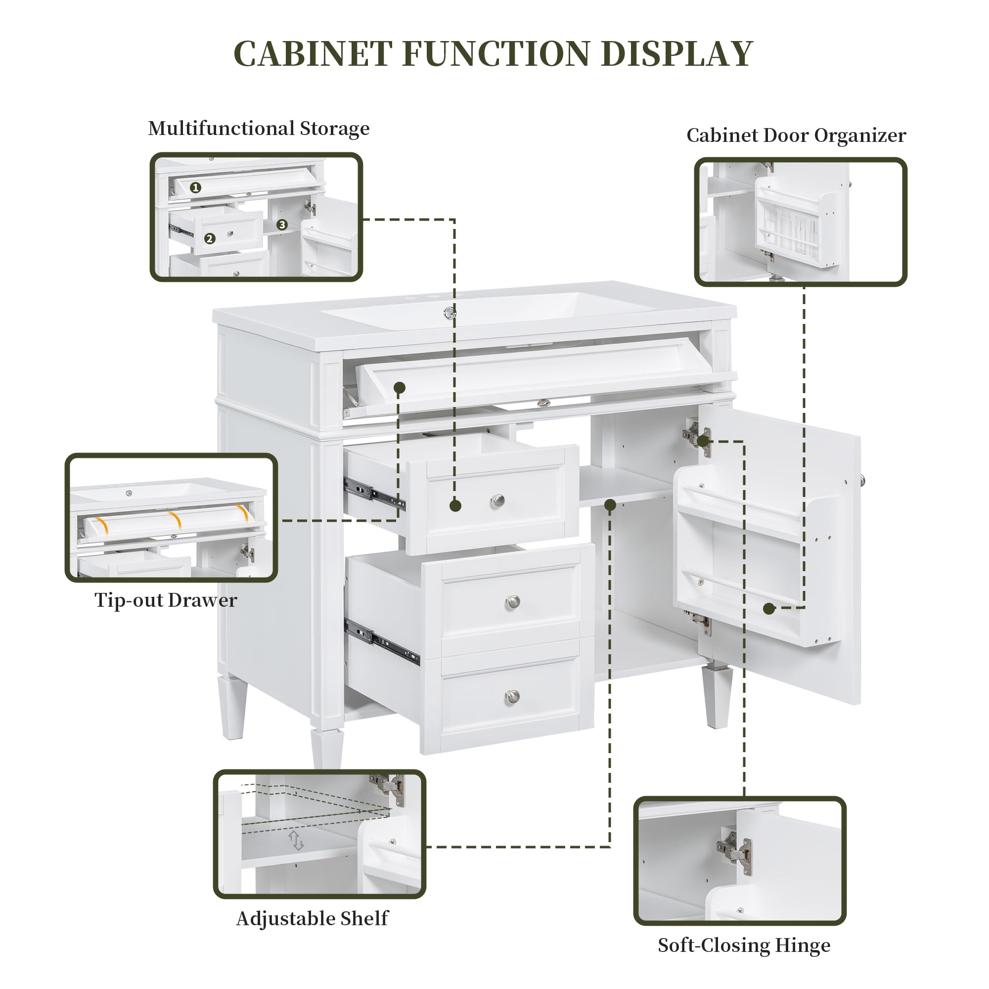 Virubi 30'' Bathroom Vanity with Single Sink Combo, Modern Bathroom Storage Cabinet with 2 Drawers, 1 Pull Down Drawer and 1 Door, Freestanding Bathroom Vanities, Soft Closing, Solid Wood Frame